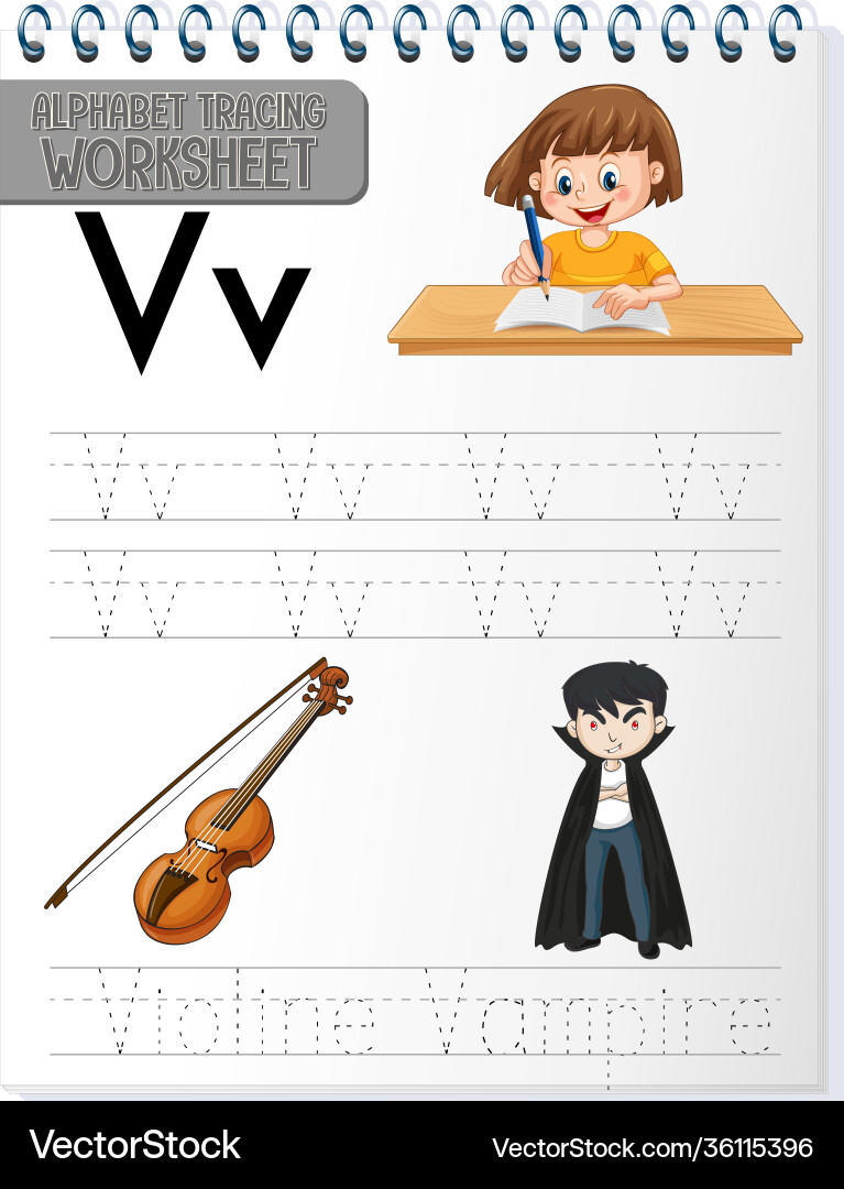 Alphabet tracing worksheet with letter v and v Vector Image