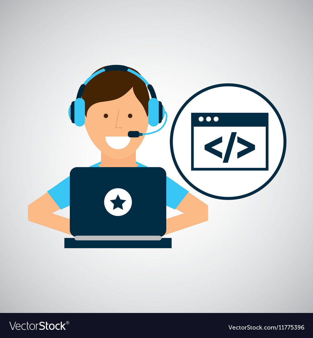 Character headset laptop coding Royalty Free Vector Image