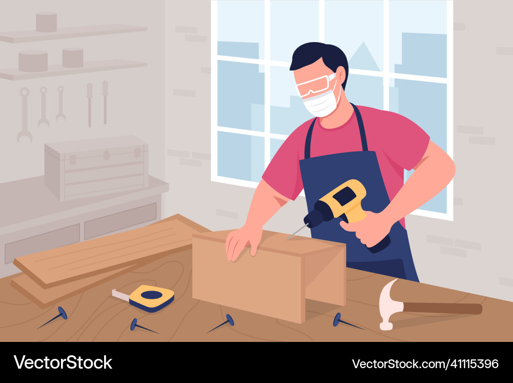 Male carpenter at work flat color Royalty Free Vector Image