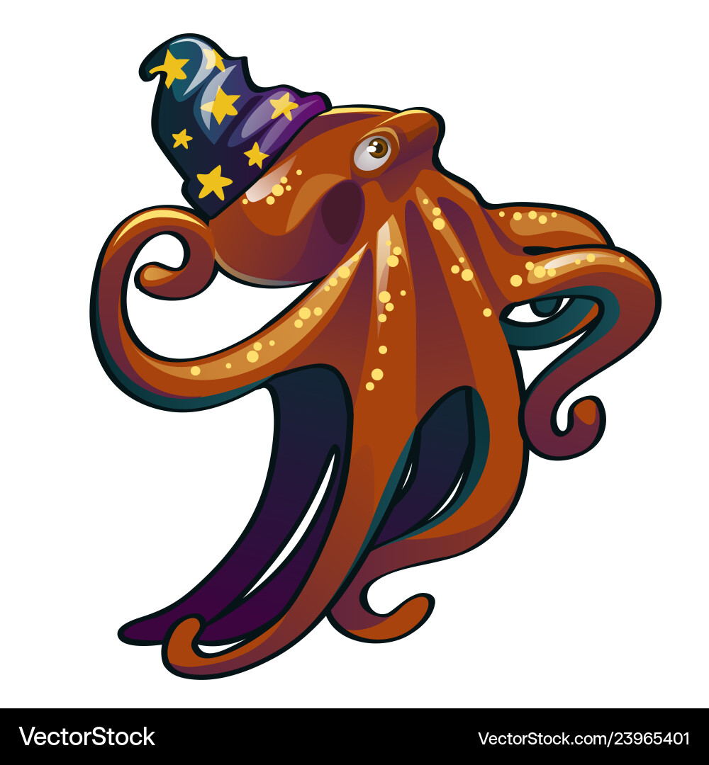 Brown octopus in the hat wizard inhabitants Vector Image