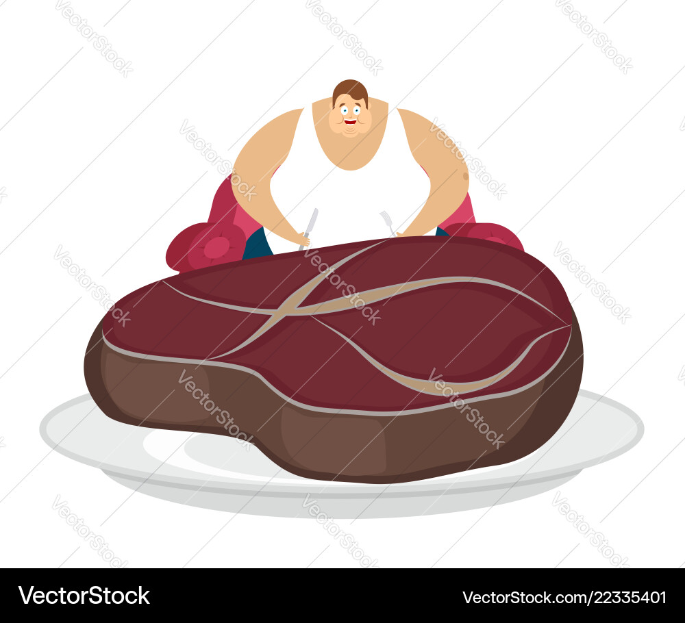 Fat guy is sitting on chair and steak glutton Vector Image