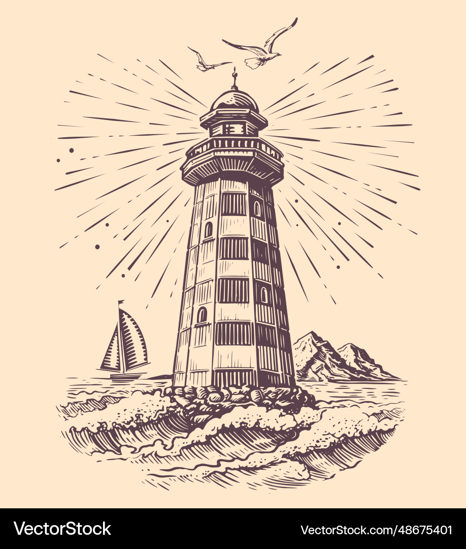 Hand drawn seascape in engraving style lighthouse Vector Image