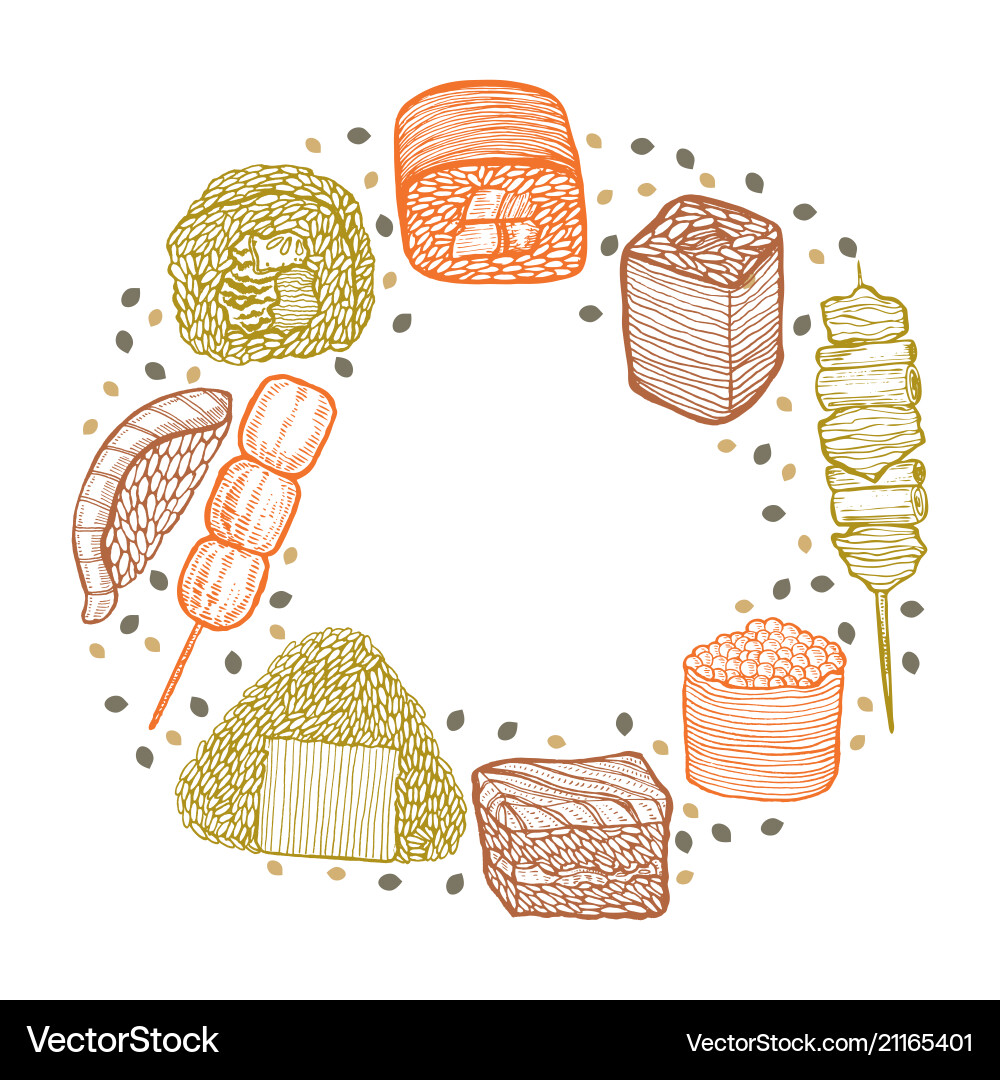 Round colored composition with japanese food Vector Image