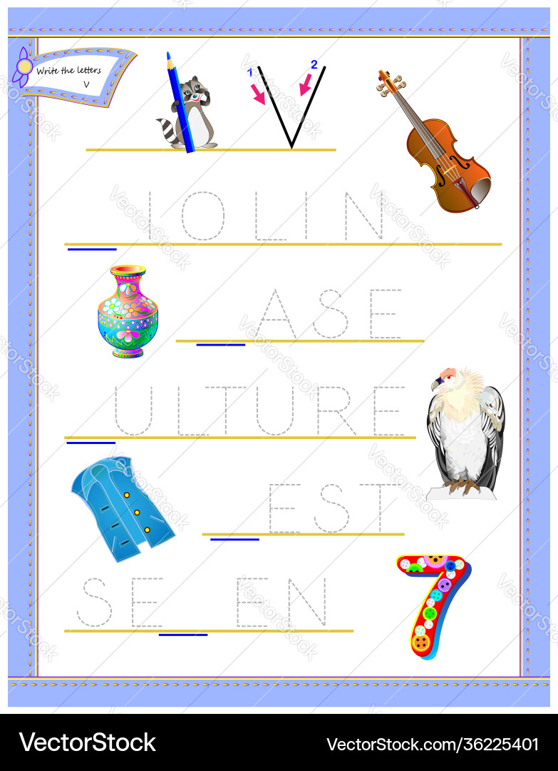 Tracing letter v for study english alphabet Vector Image