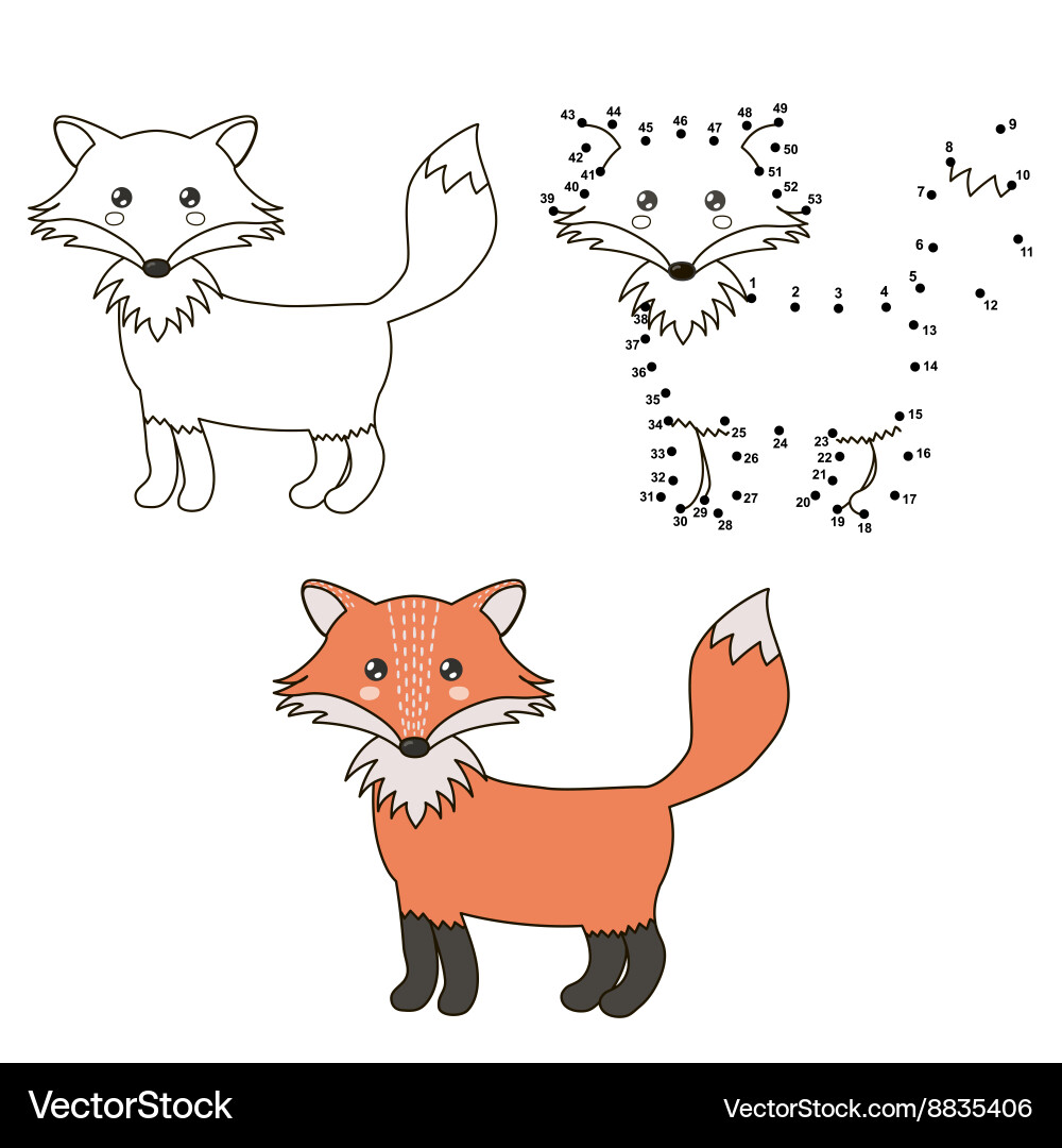 Connect dots to draw a cute fox and color it Vector Image