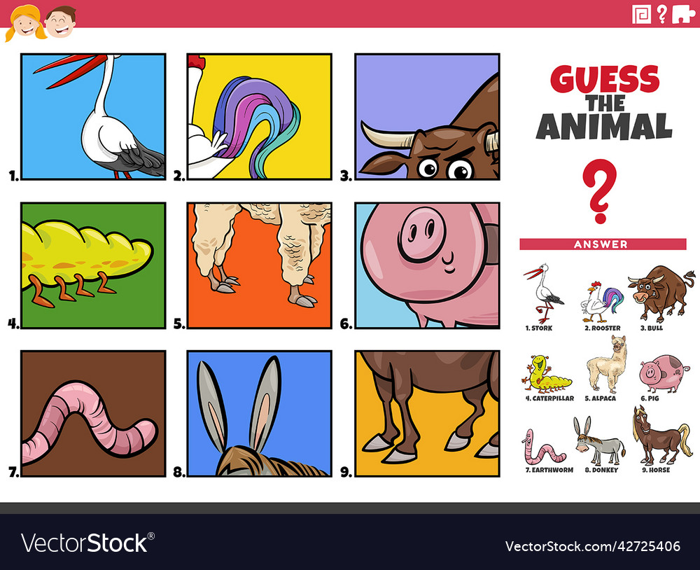 Guess cartoon animal characters educational game Vector Image
