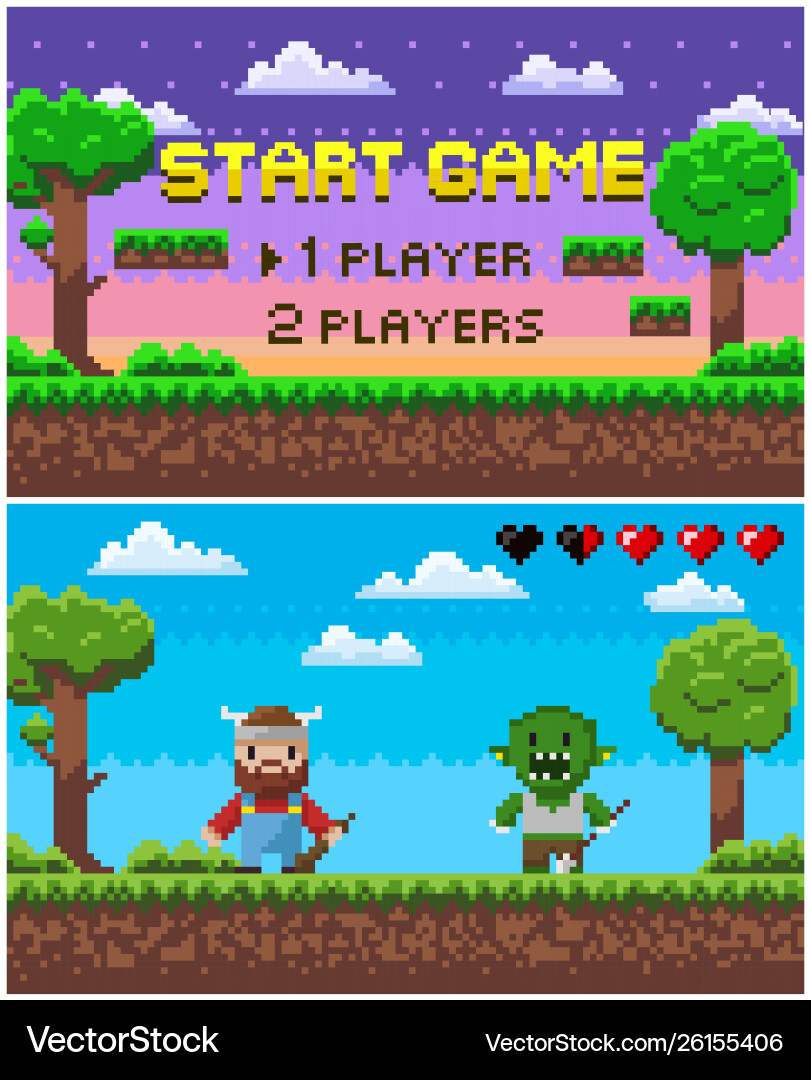 Knight and geek pixel game adventure Royalty Free Vector