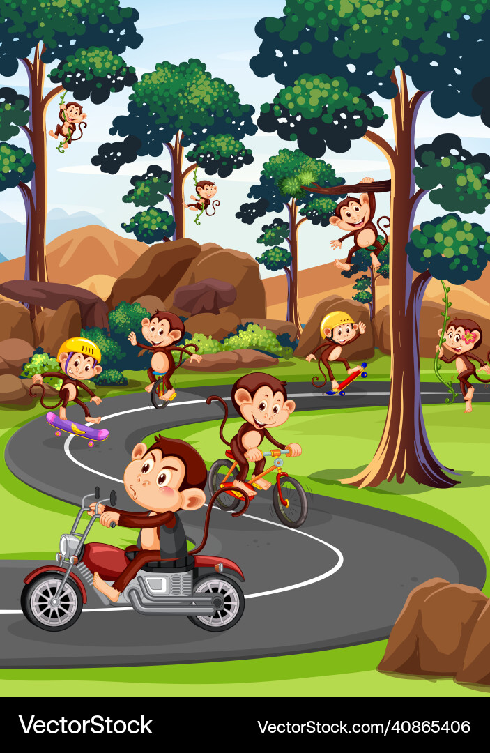Race track scene with monkeys riding motorcycles Vector Image