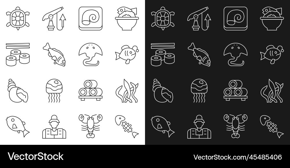 Set line fish skeleton seaweed tropical fish Vector Image