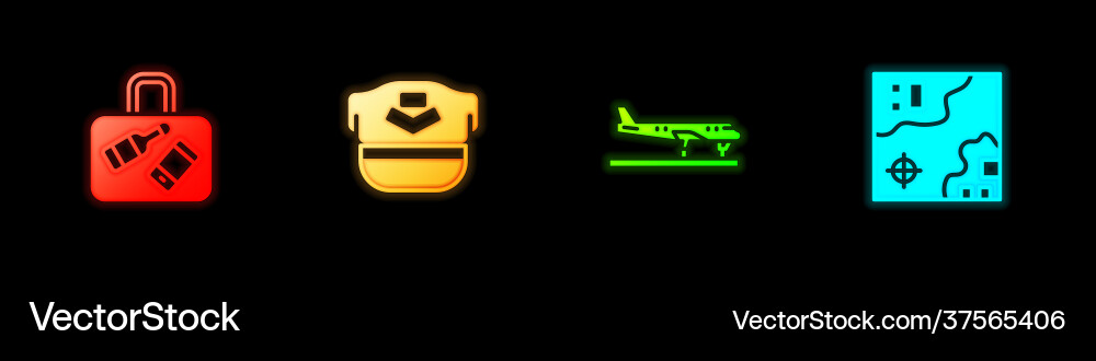 Set suitcase pilot hat plane and world travel Vector Image