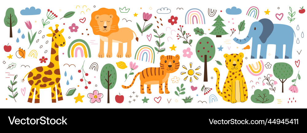 Children doodle pattern animals and flower plants Vector Image