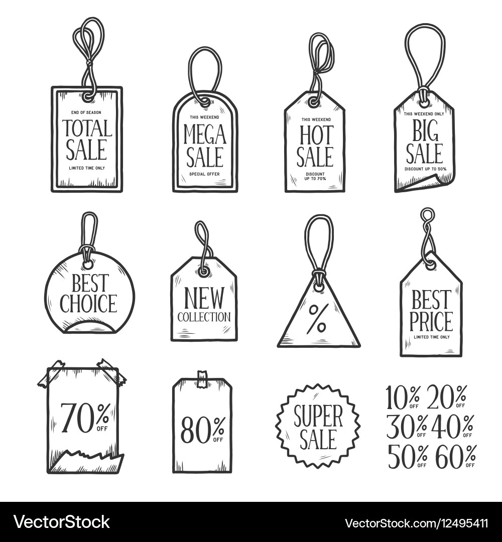 Hand drawn sales tags doodle set vintage Vector Image