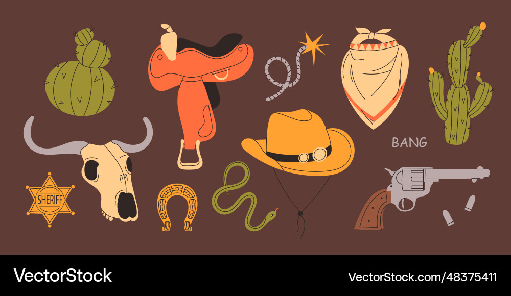 Wild west set cute of cowboy elements Royalty Free Vector