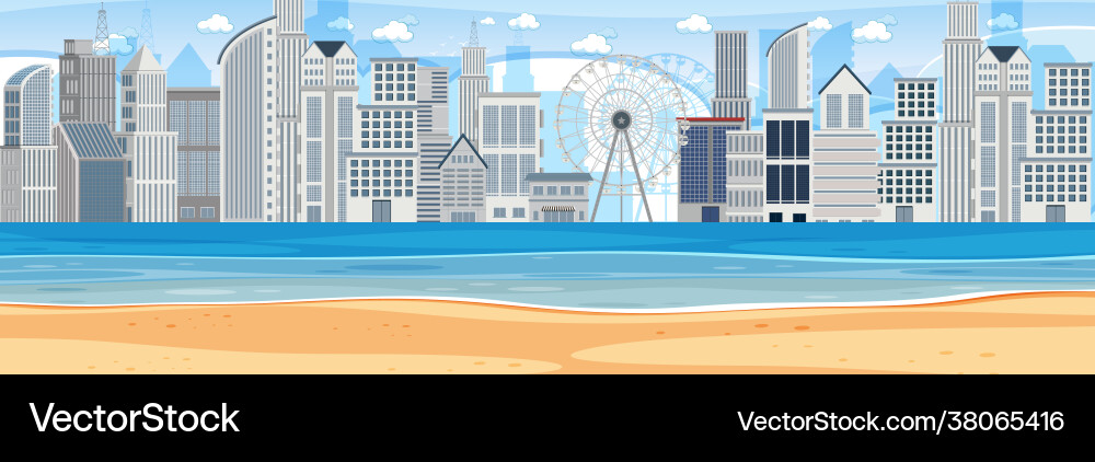 Beach horizontal scene at day time with city Vector Image