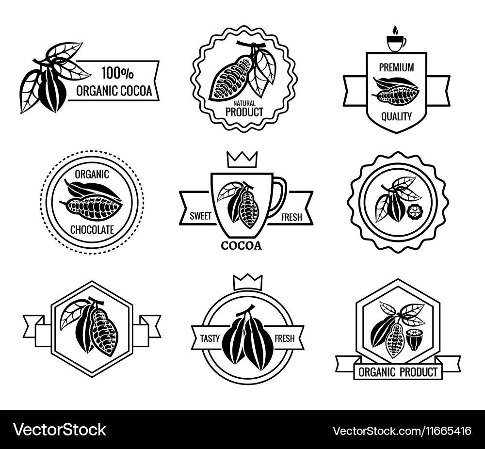 Cacao logo and chocolate labels set Royalty Free Vector