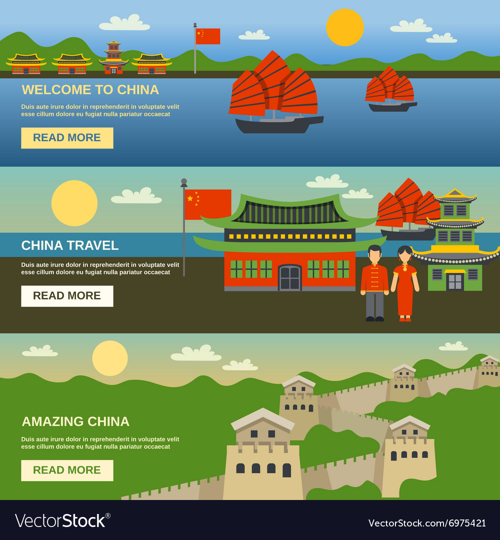 China Culture 3 Flat banners Set Royalty Free Vector Image