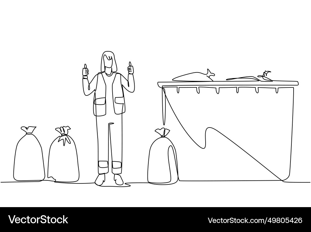 Continuous one line drawing trash woman stands Vector Image