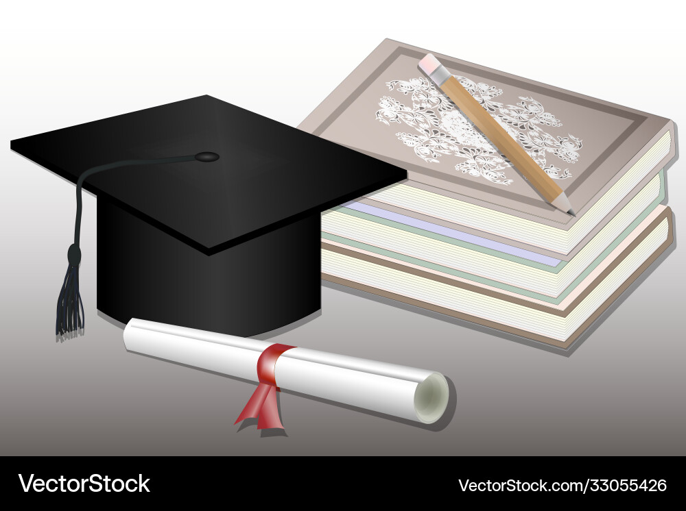 Graduation mortar boards books pencil Royalty Free Vector