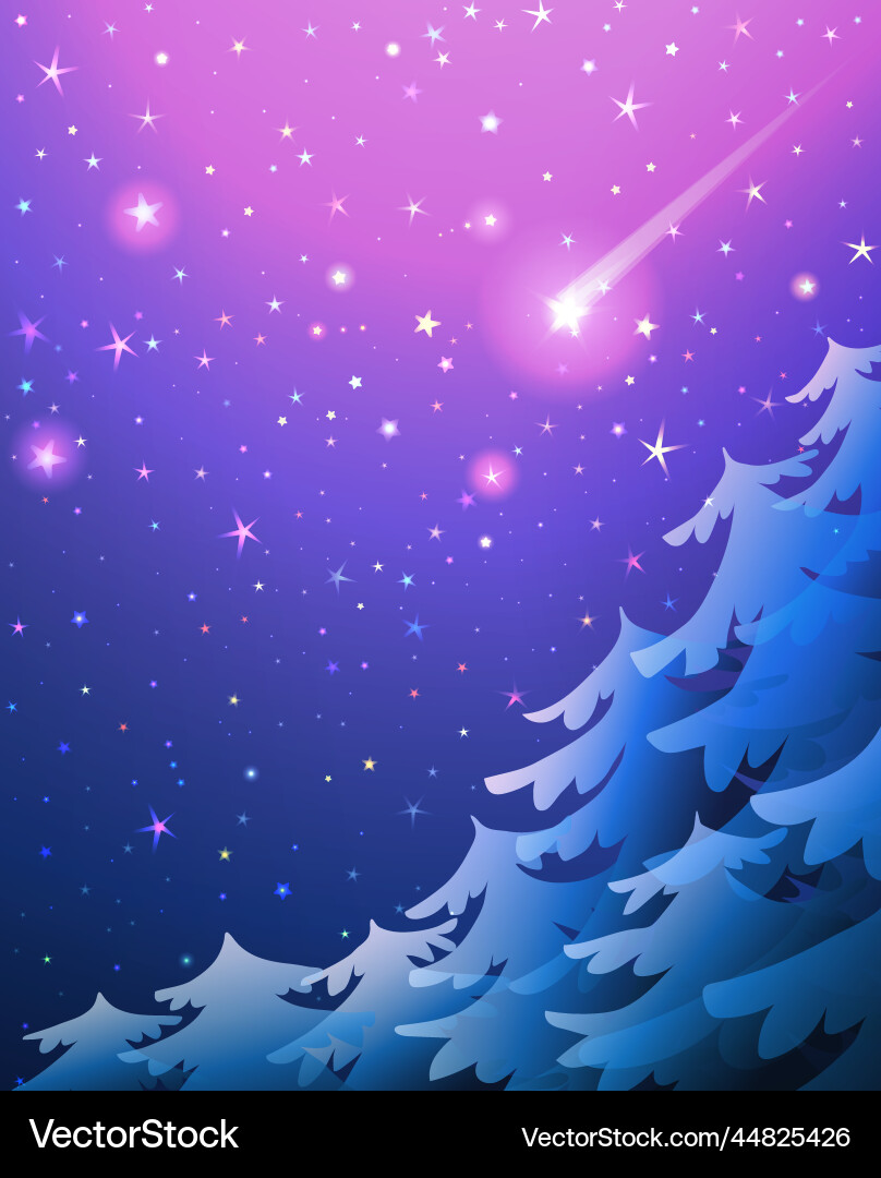 Magical winter forest and shooting star in sky Vector Image