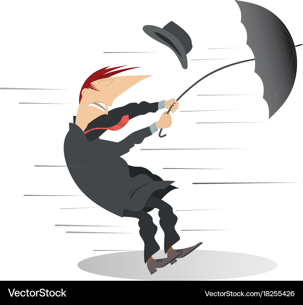Windy day and man with umbrella isolated Vector Image