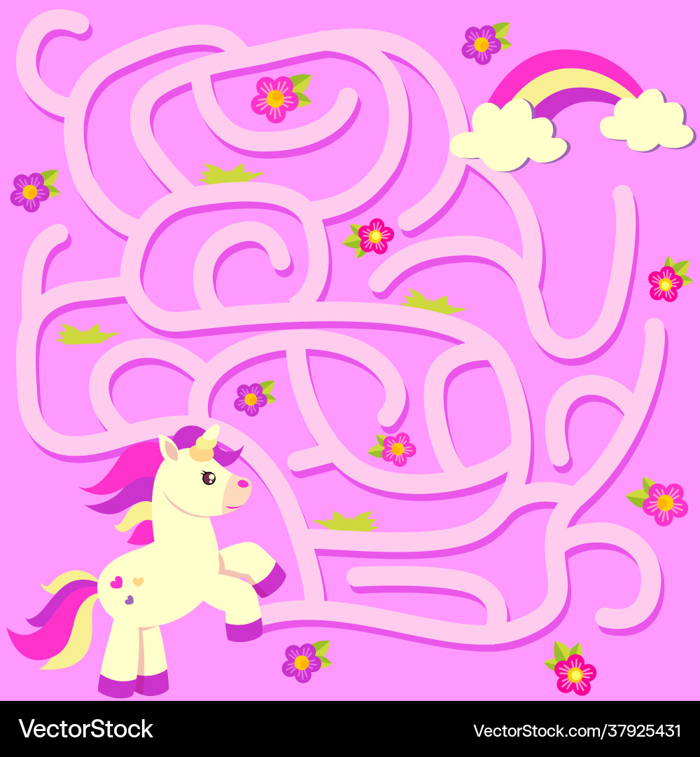 Help unicorn find path to rainbow labyrinth maze Vector Image