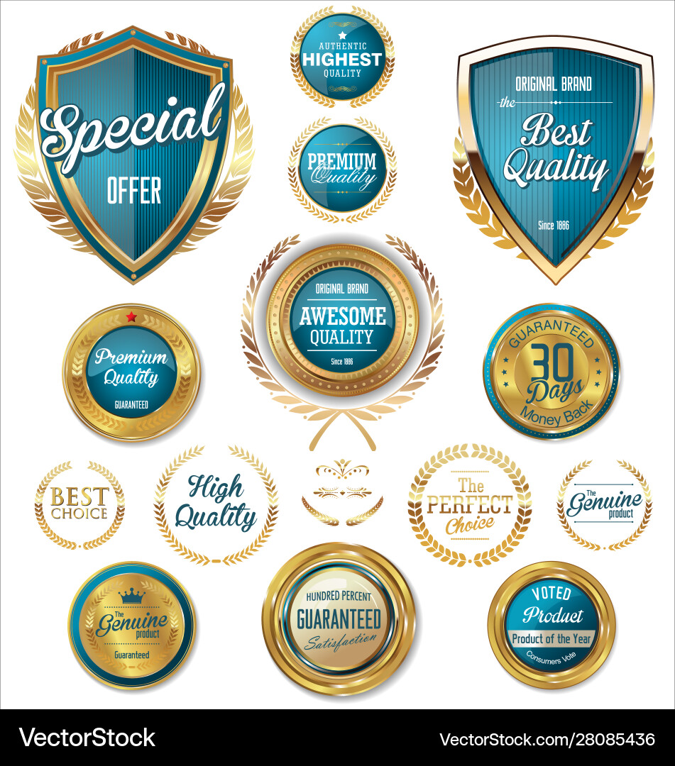 Blue and gold quality badges labels Royalty Free Vector