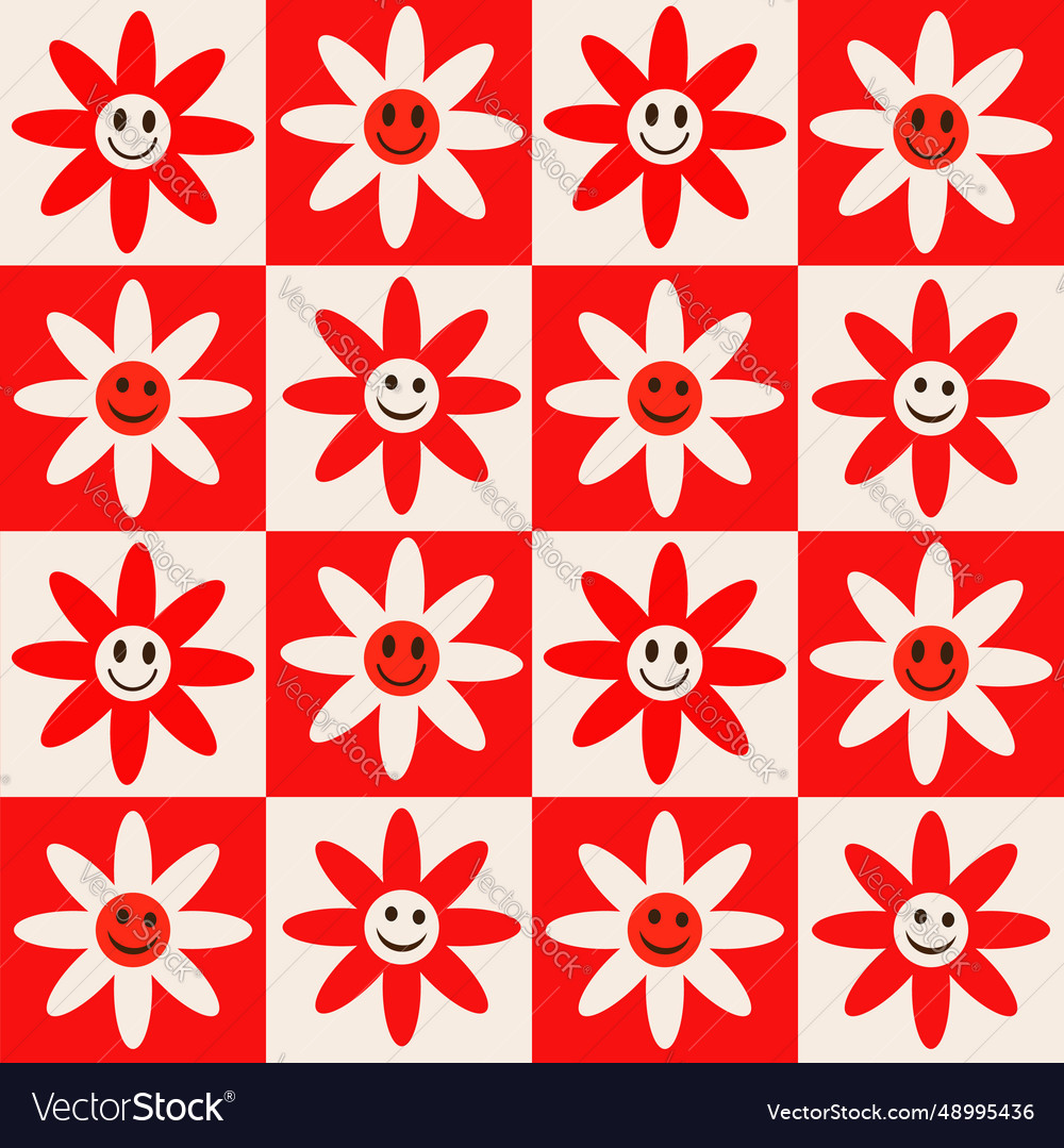 Checkered retro smiley flowers seamless pattern Vector Image
