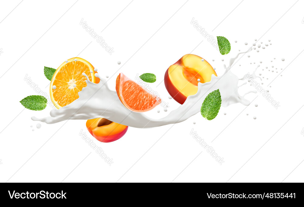 Realistic milk drink wave splash with fruits Vector Image