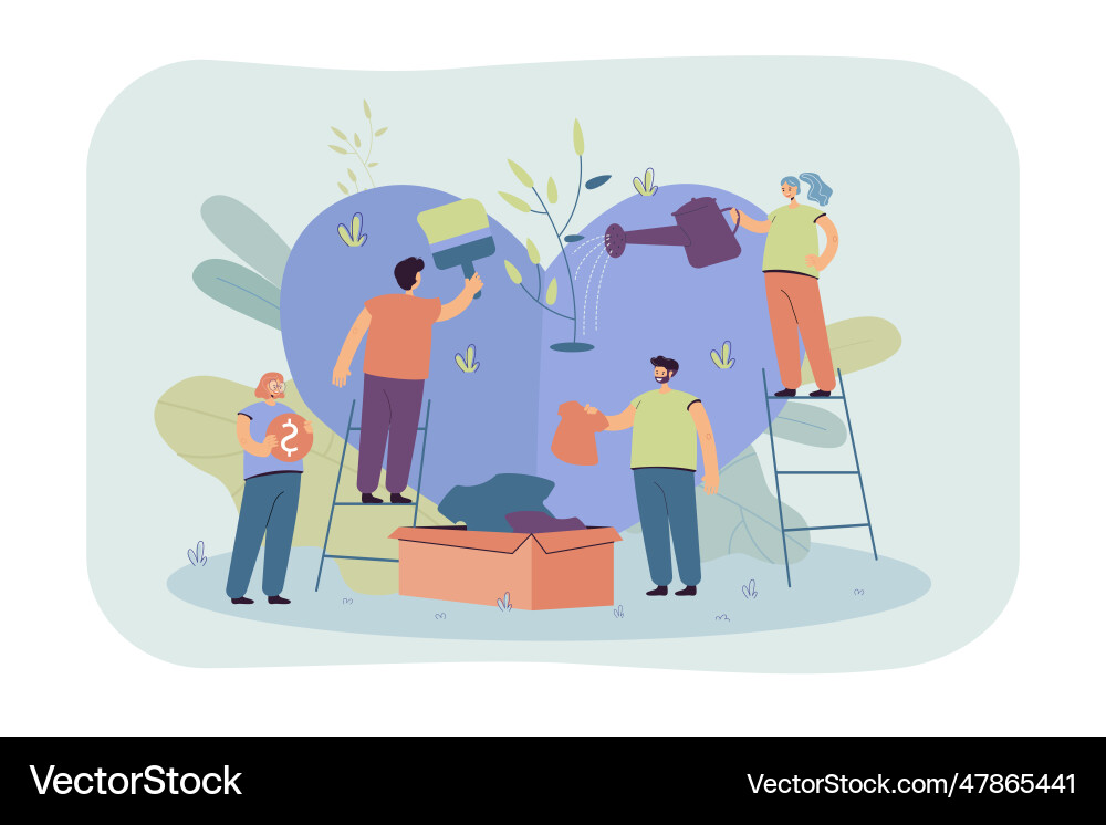 Stylized volunteer team giving care and sharing Vector Image