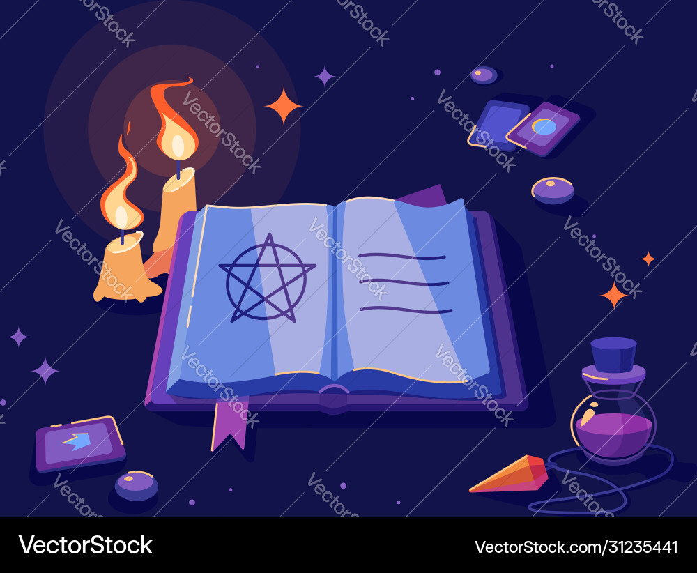 Witch book with candles tarot cards and magic Vector Image