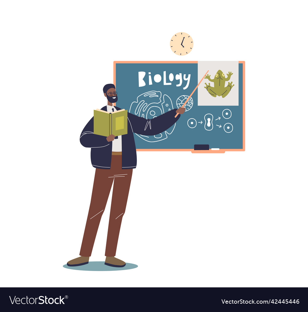 Biology teacher at blackboard explaining nature Vector Image
