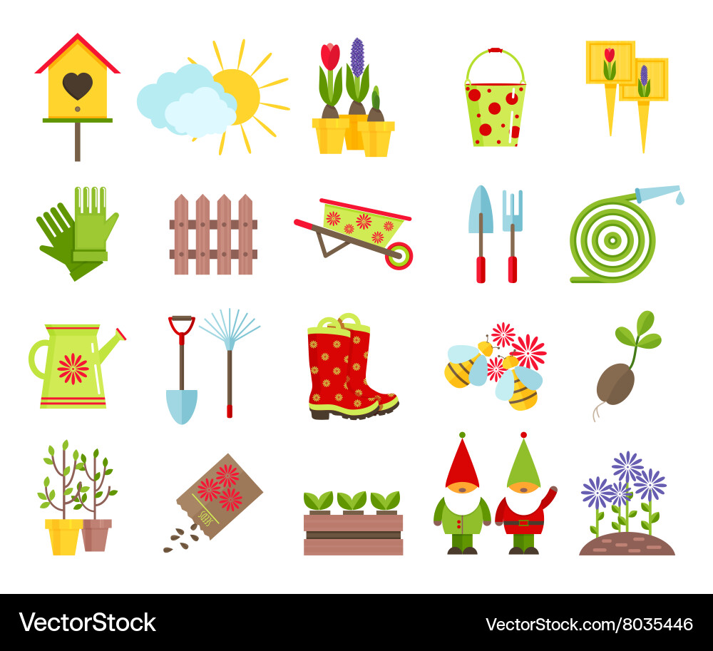 Garden tools and other elements of gardening flat Vector Image