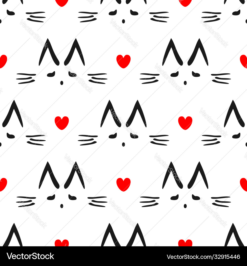 Repeated heart and outline cats head drawn Vector Image