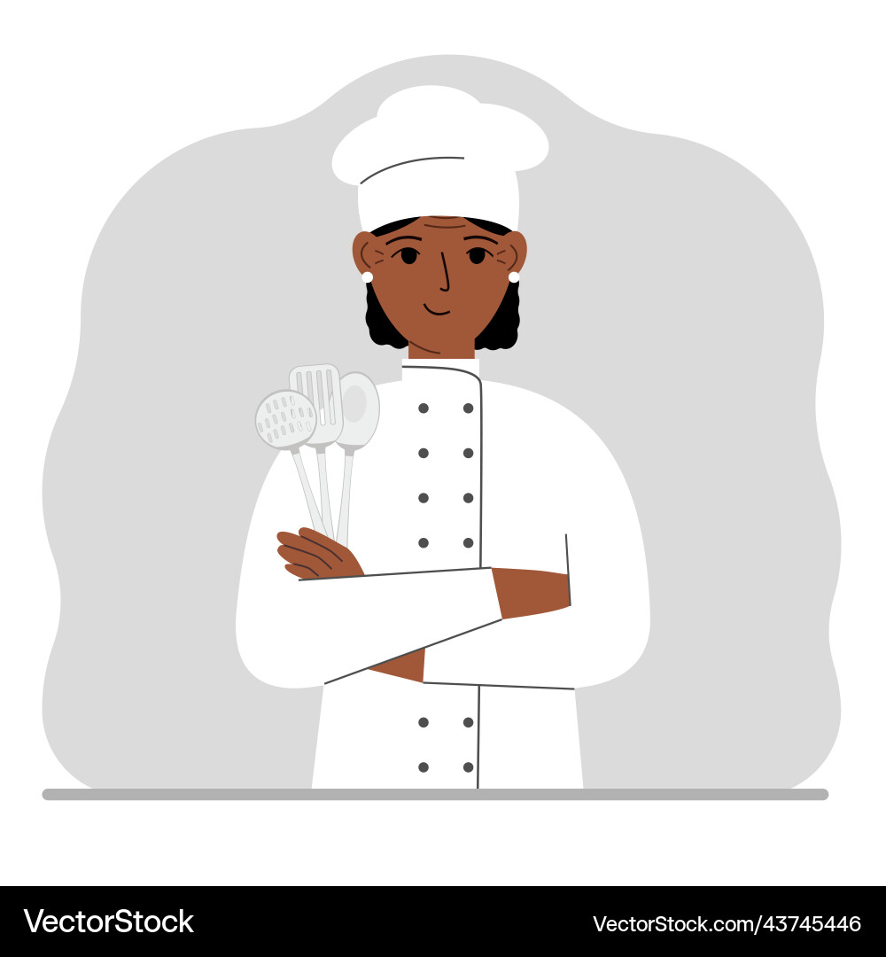 Smiling chef holds a kitchen cutlery set in his Vector Image