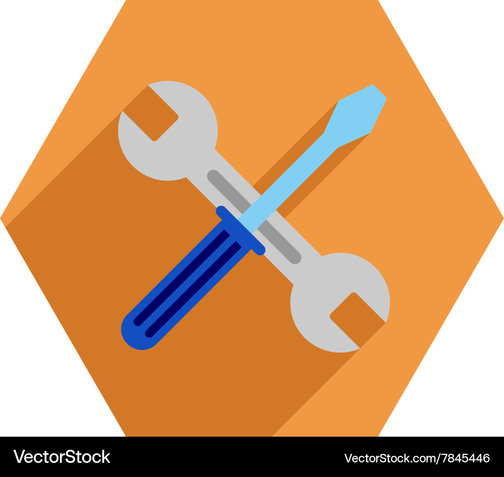 Wrench and screwdriver flat hexagon icon with long