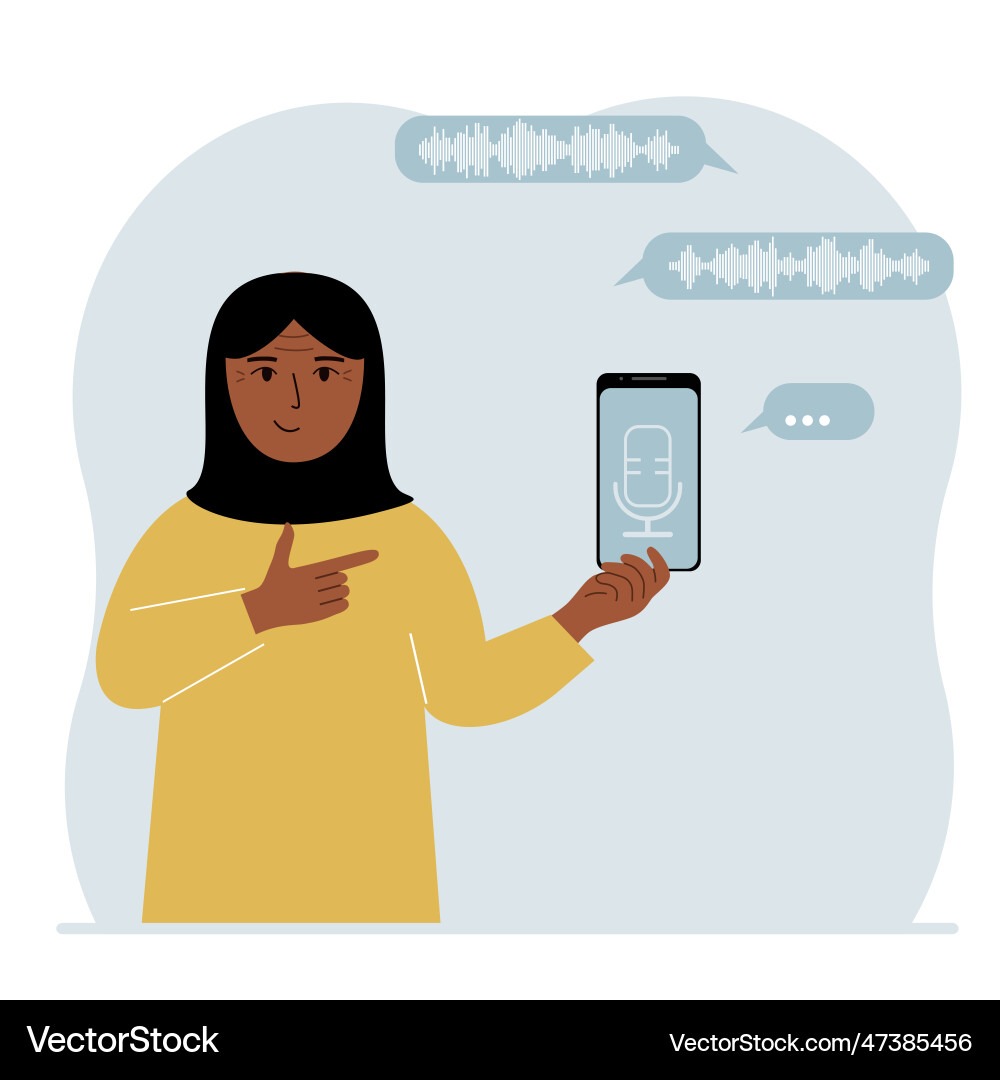A woman holds smartphone using voice assistant Vector Image