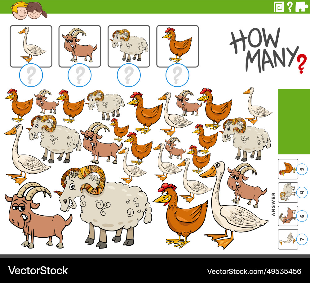 How many counting activity with cartoon farm Vector Image