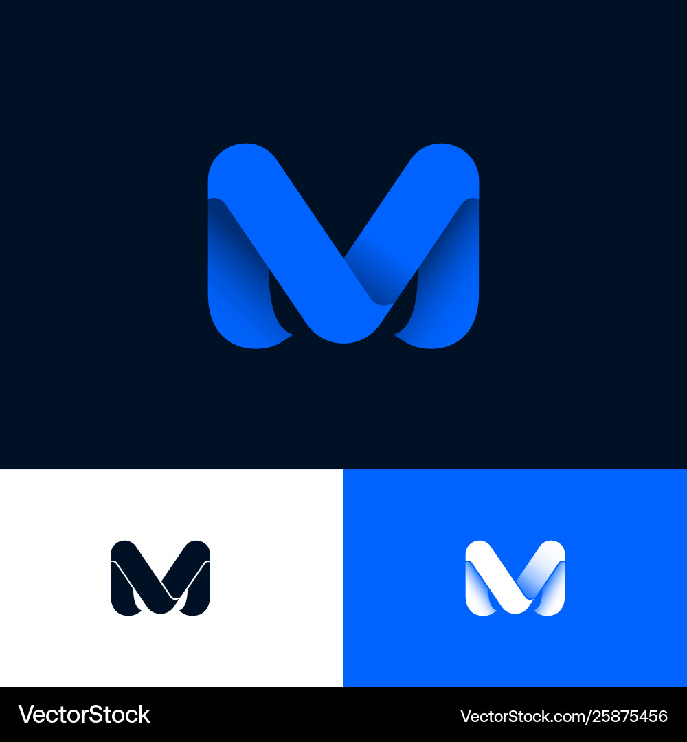 M logo blue ribbons origami monogram web icon ui Vector Image