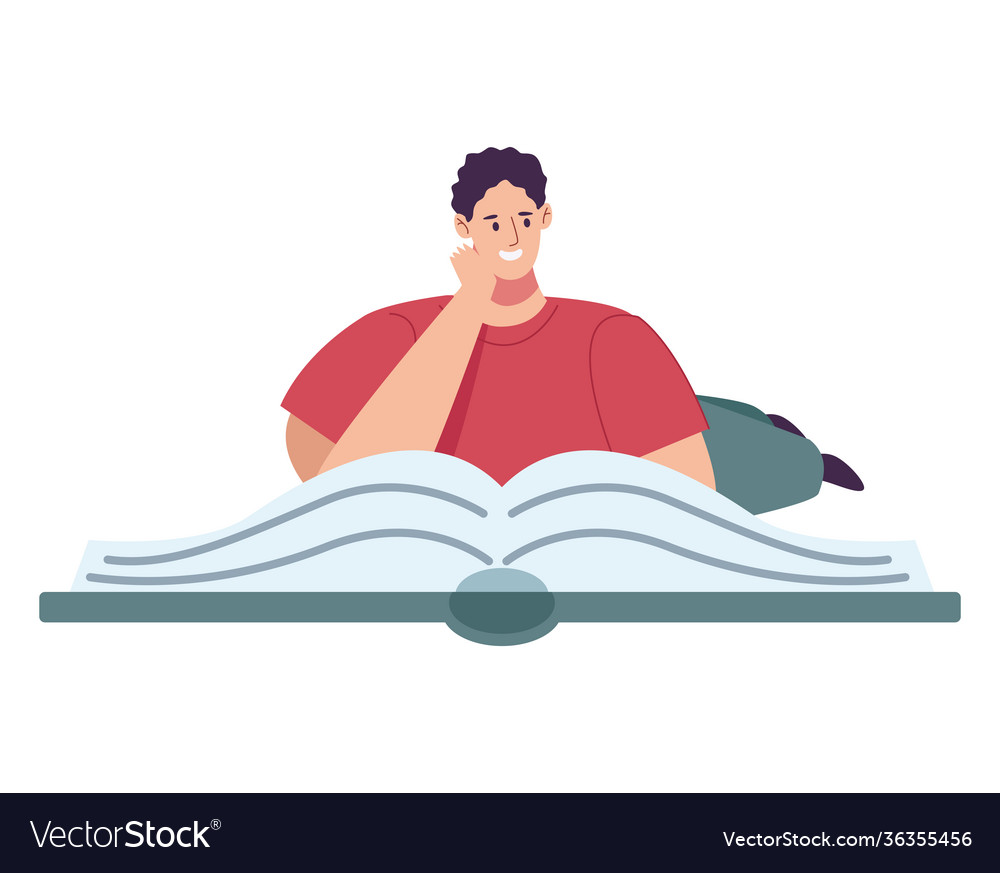 Reader Man Reading Book Lying Down Character Vector Image