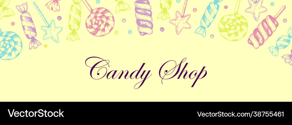 Hand drawn candy shop horizontal design in sketch Vector Image