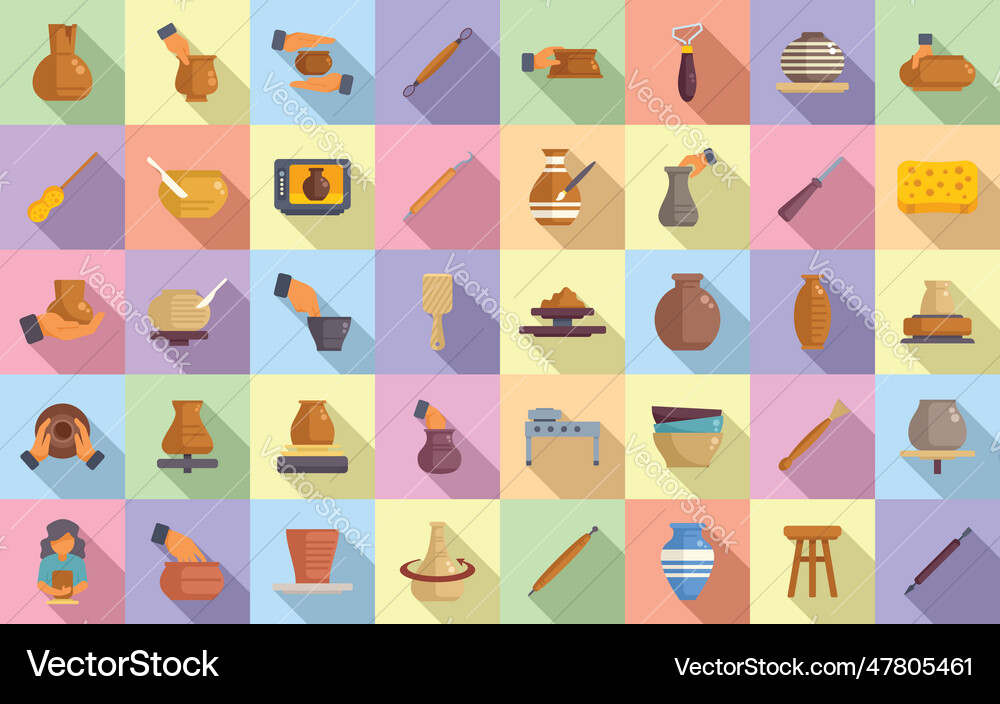 Pottery class icons set flat artist craft Vector Image