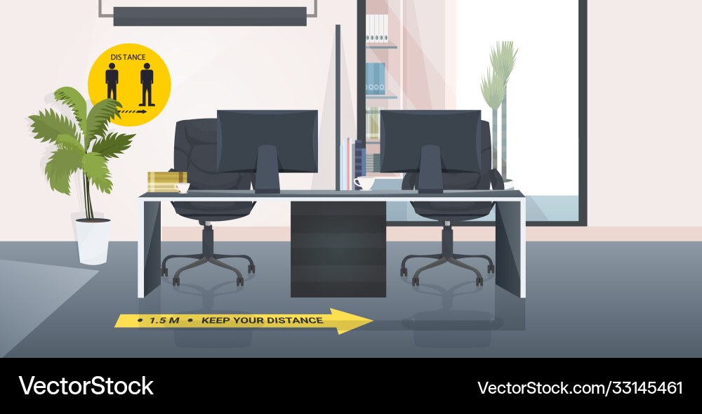 Workplace desk with signs for social distancing Vector Image