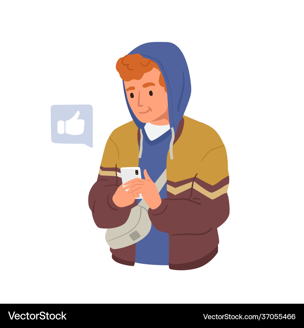 Happy young man using smartphone app social media Vector Image