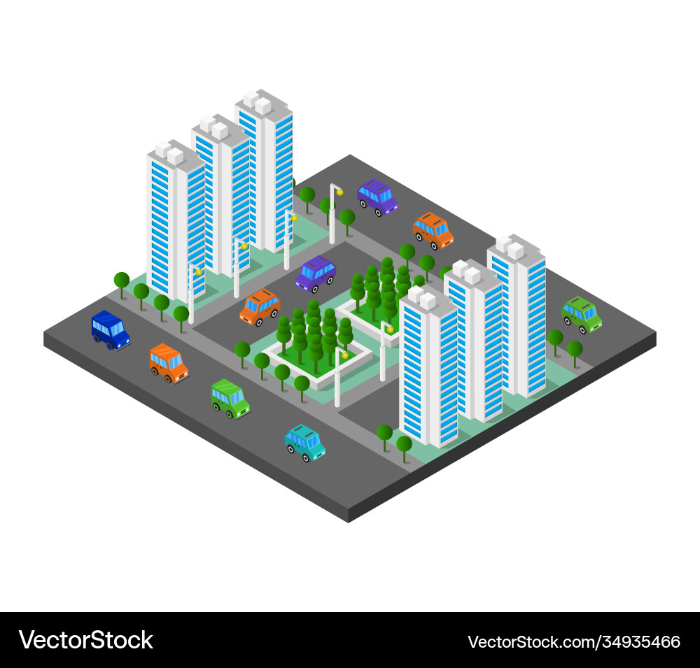 Isometric city in on white background Royalty Free Vector