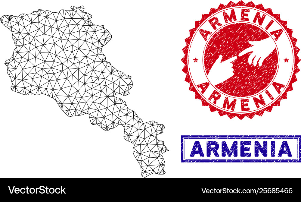 Polygonal wire frame armenia map and grunge stamps