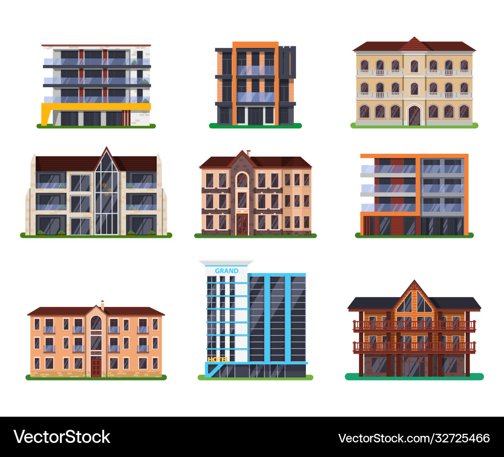 Set isolated modern hotel buildings Royalty Free Vector