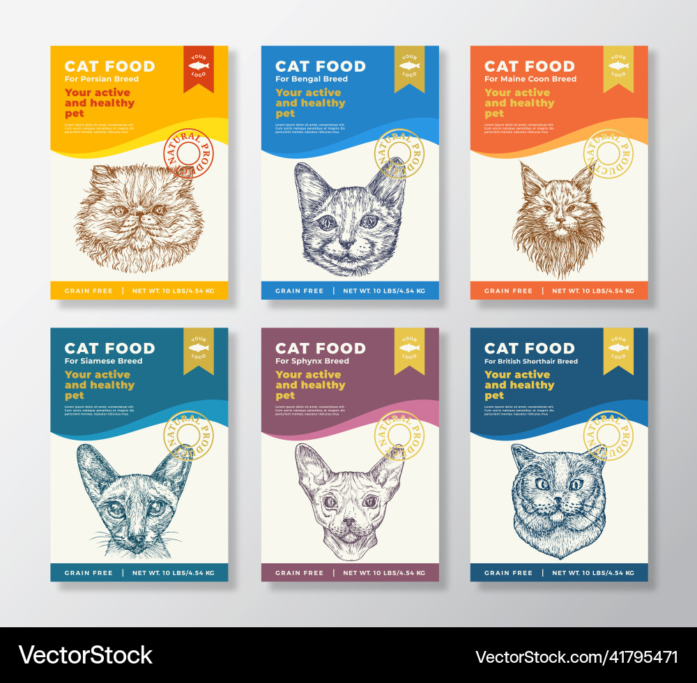 Cat food product label templates set Royalty Free Vector