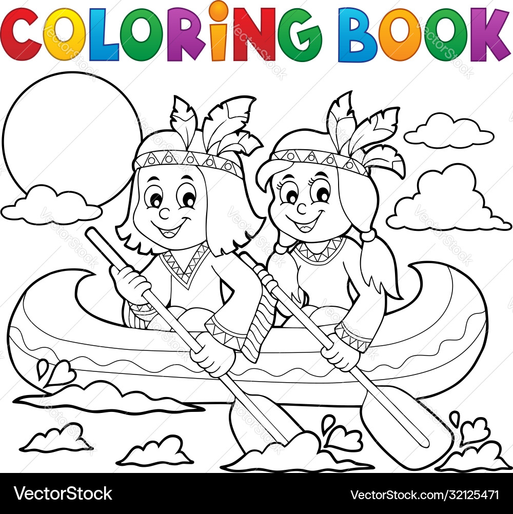Coloring book native americans in boat Royalty Free Vector