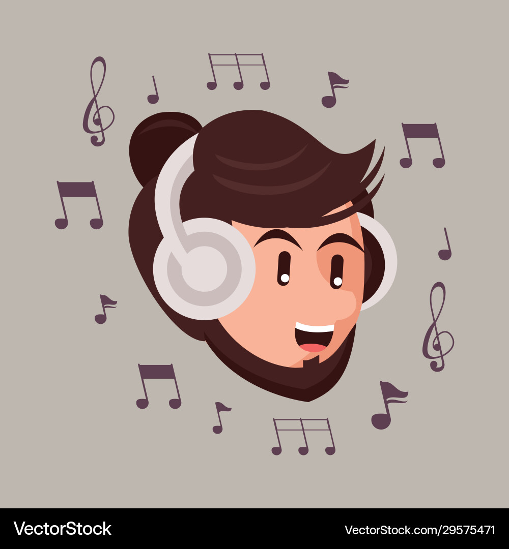 Man with earphones audio device and music notes Vector Image