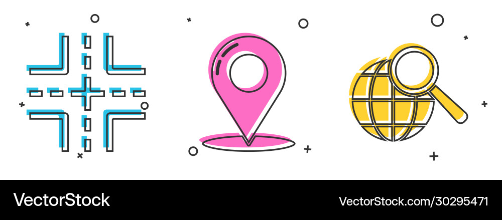 Set road traffic sign map pin and magnifying Vector Image